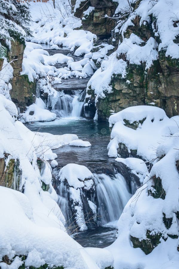 Winter Landscape with a Waterfall among the Rocks. Stock Image - Image ...