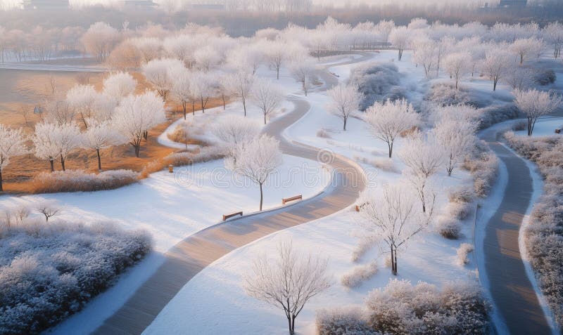 Winter Landscape with Winding Paths, Snow-covered Trees, Serene Park ...