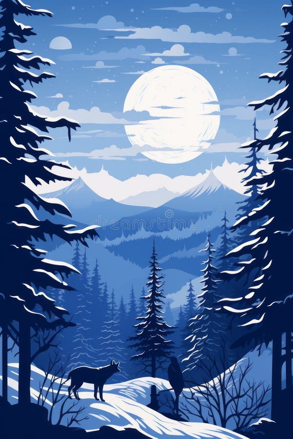 Winter Landscape with a Wolf and Pine Trees at Night Stock Illustration ...