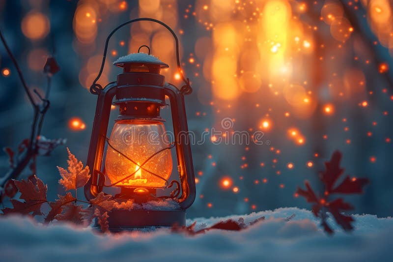 Winter Lantern in Snowy Forest with Warm Bokeh Glow Generative AI Stock ...