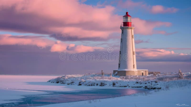 Winter Lighthouse at Sunset with Snow Covered Landscape and Pink Clouds ...