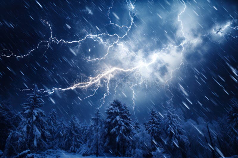 Winter Lightning Storm in Snow-Covered Forest. Stock Image - Image of ...