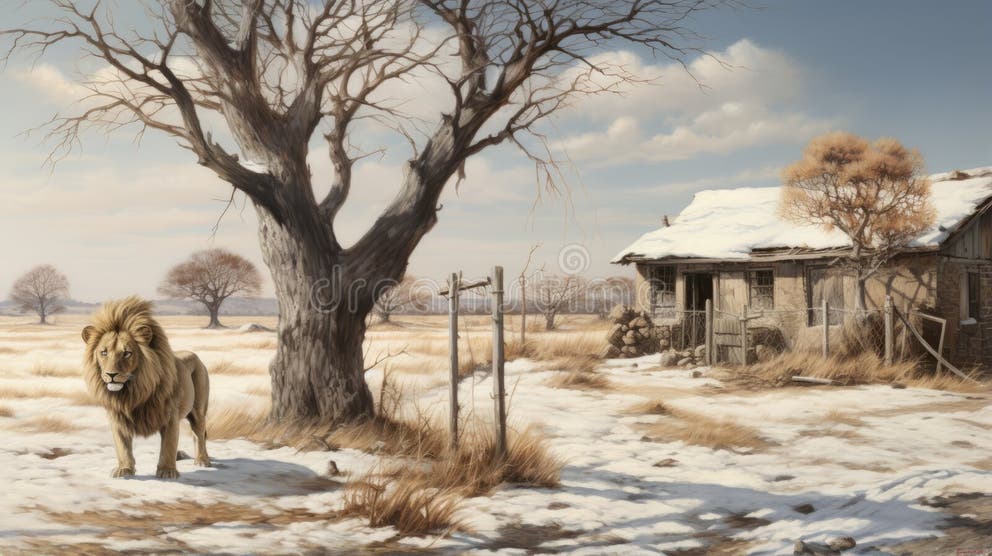 Winter Lion in a Nostalgic Landscape Stock Illustration - Illustration ...