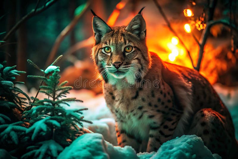 Winter Lynx in Snowy Forest at Night Stock Illustration - Illustration ...