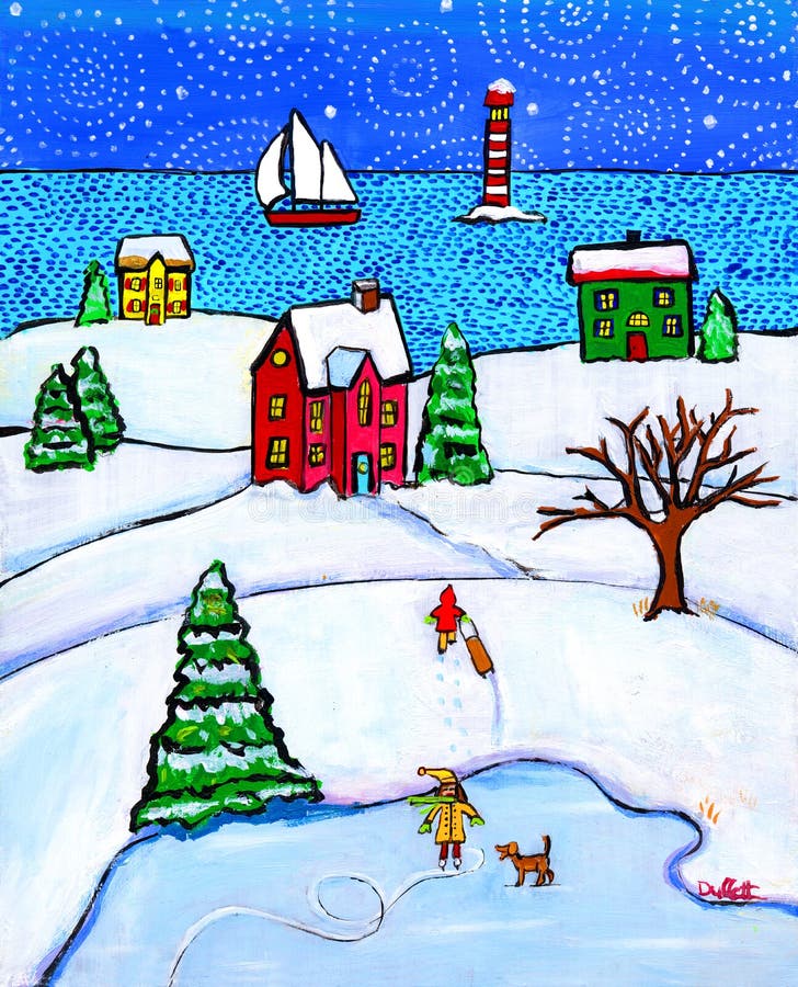 Sledding Kids on the Hill - Children Painting Stock Illustration ...