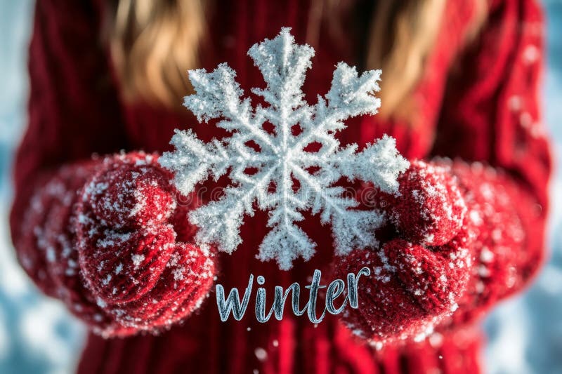 Winter Magic: Close-up of Snowflake Held by Hands in Red Mittens Stock ...
