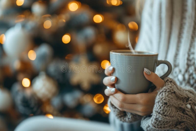 Winter Magic: Cozy Hands Holding a Hot Drink in Holiday Splendor. Stock ...