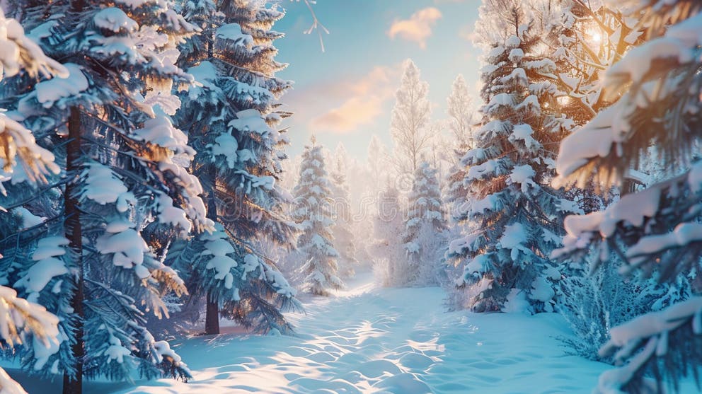 Magical Winter Snow Forest Scene Tranquil Snowy Path Sunlit Pine Trees ...
