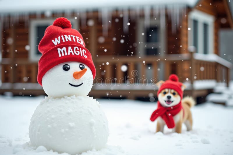 Winter Magic Snowman with Red Hat and Playful Dog in Snowy Cabin ...