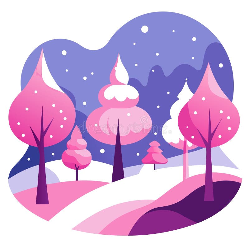 Winter Magic Wonderland with Pink Illuminated Trees. Art Stock Vector ...