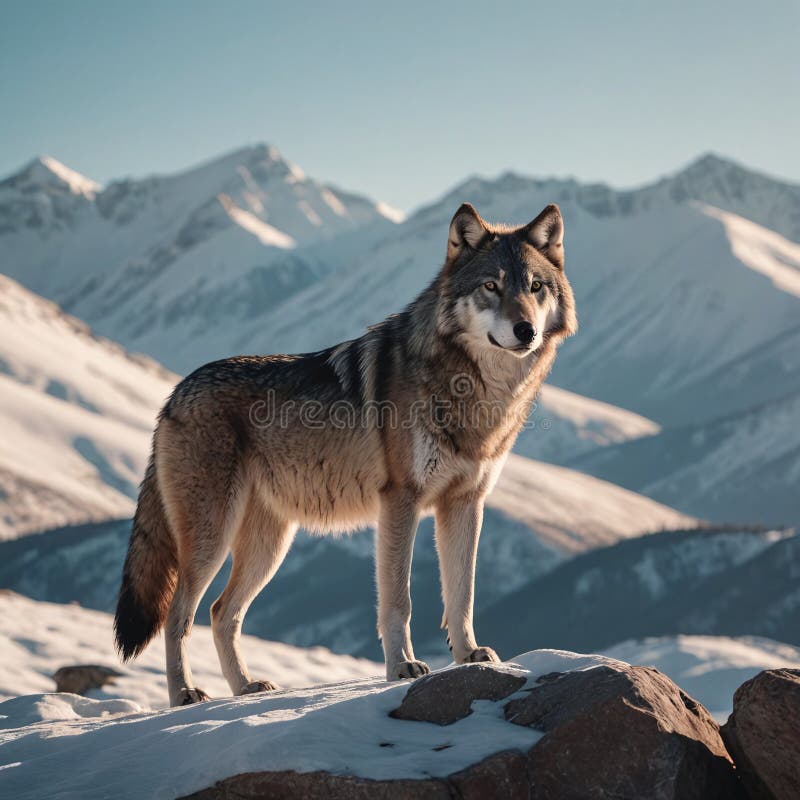 Winter Majesty Lone Wolf on Rocky Outcrop in Dramatic Backlight Stock ...