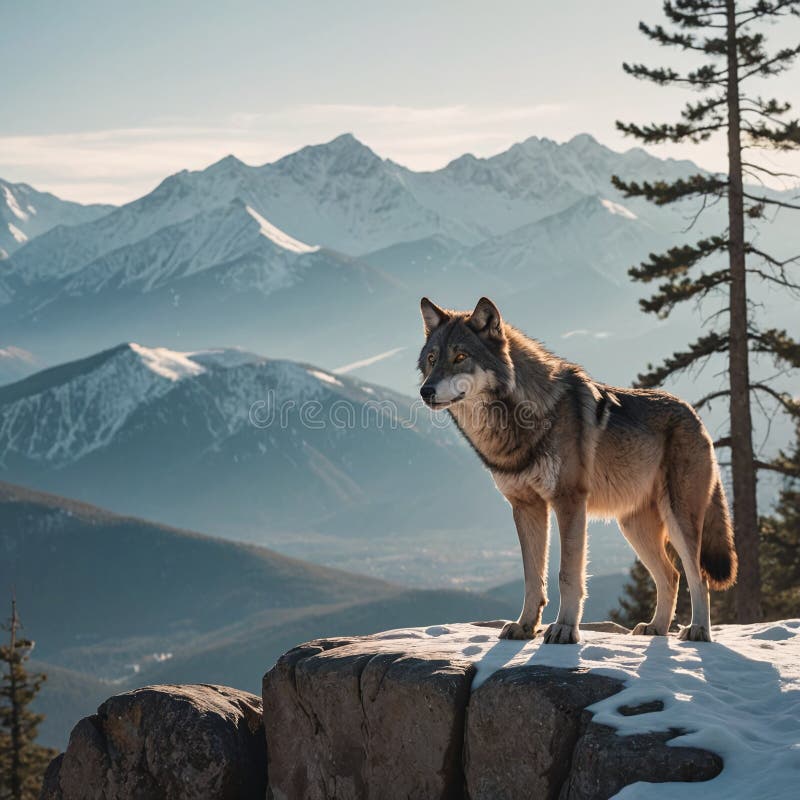 Winter Majesty Lone Wolf on Rocky Outcrop in Dramatic Backlight Stock ...
