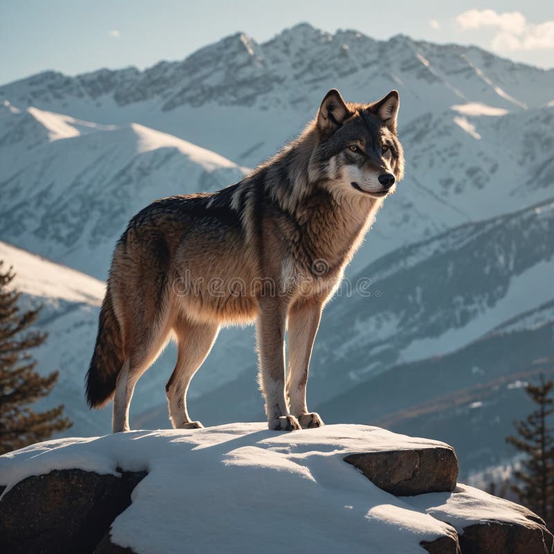 Winter Majesty Lone Wolf on Rocky Outcrop in Dramatic Backlight Stock ...