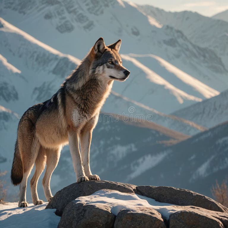 Winter Majesty Lone Wolf on Rocky Outcrop in Dramatic Backlight Stock ...