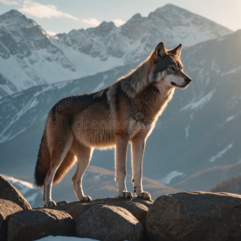 Winter Majesty Lone Wolf on Rocky Outcrop in Dramatic Backlight Stock ...