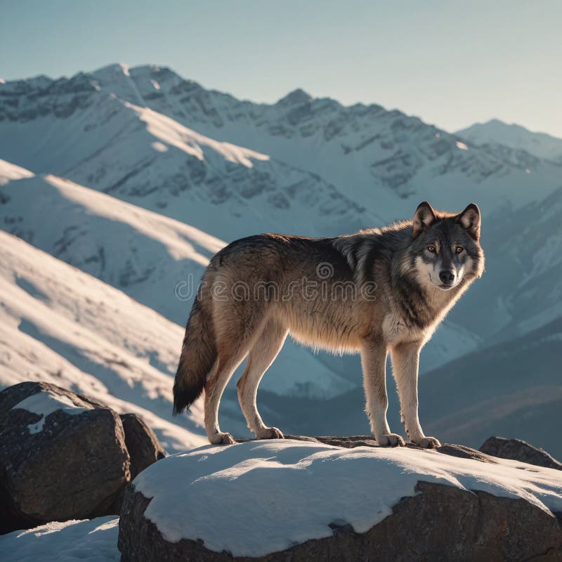 Winter Majesty Lone Wolf on Rocky Outcrop in Dramatic Backlight Stock ...