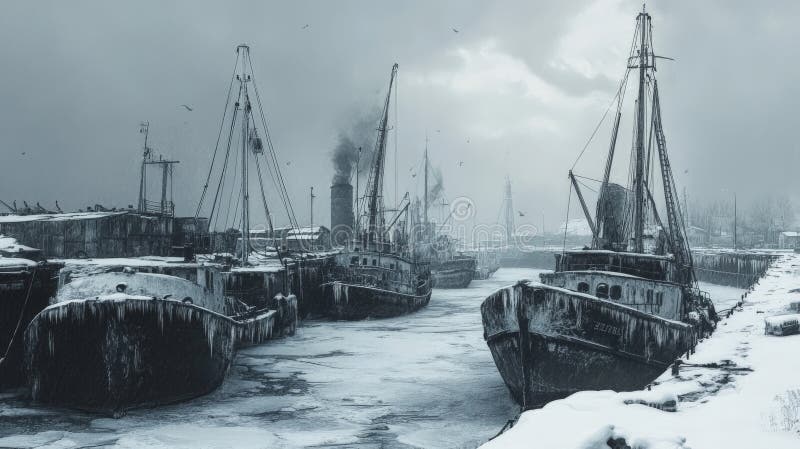 Winter Maritime Scene with Ice-covered Ships in a Frozen Harbor Stock ...