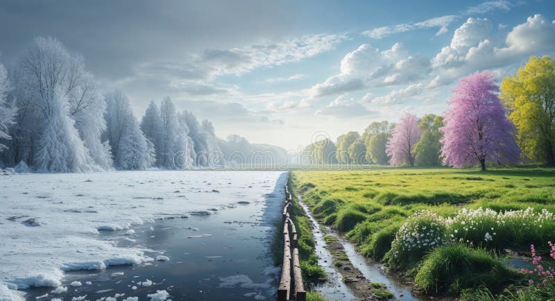 Winter Meets Spring in a Divided Field Showing Climate Change and ...