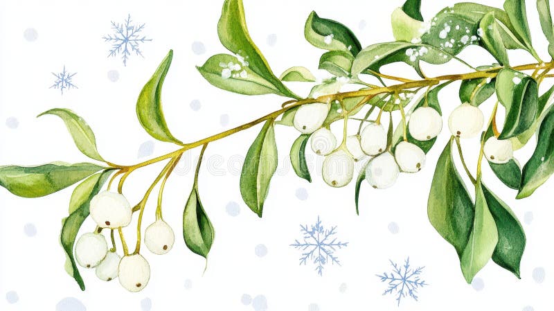 Winter Mistletoe and Snowflakes Watercolor Illustration Stock Image ...