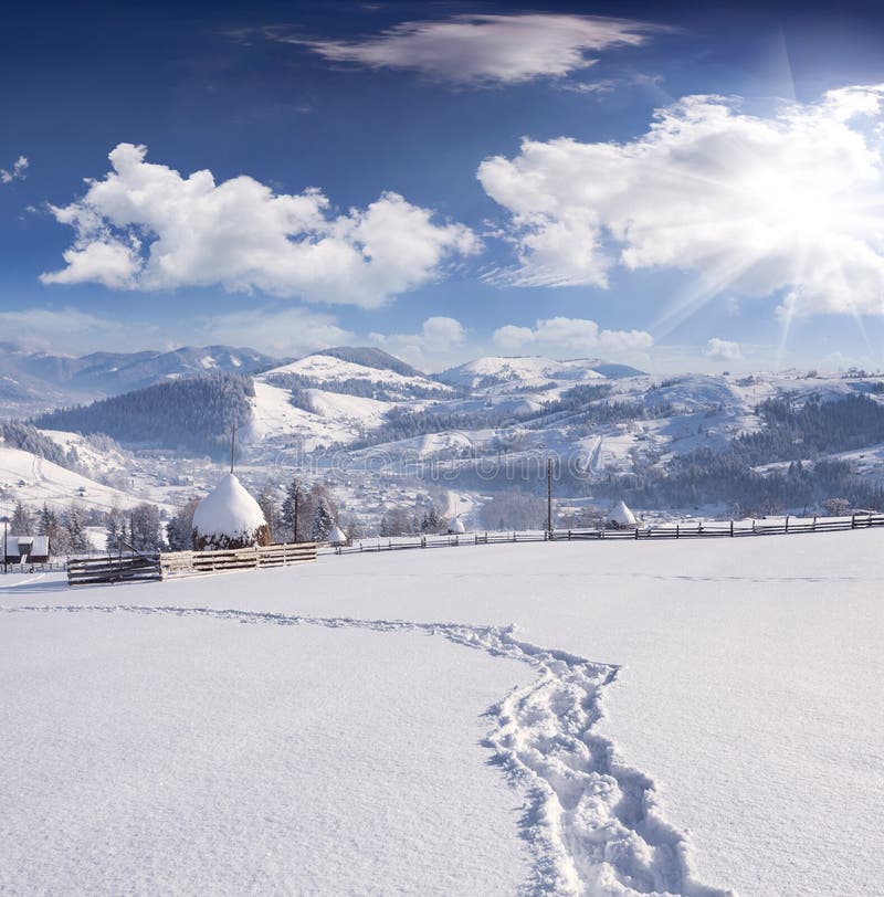 Winter Morning in Carpathian Village Stock Image - Image of house ...