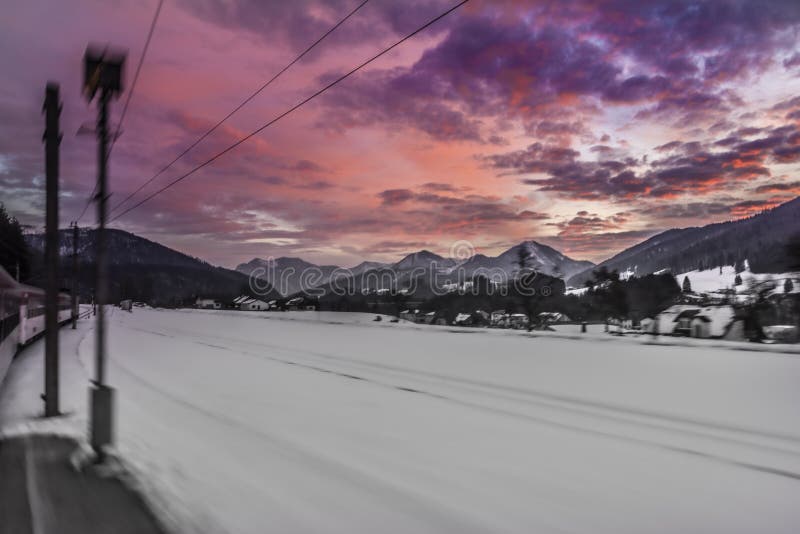 Winter Morning with Color Clouds and Big Dark Hills and Train Stock ...