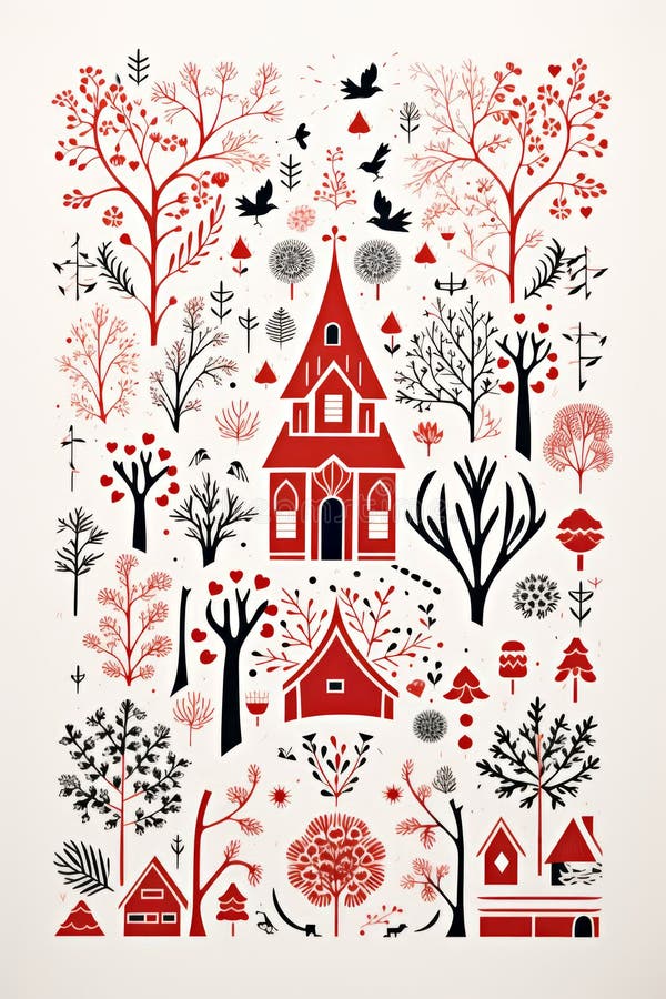 Winter Motives with Houses, Trees and Birds. Stock Photo - Image of ...