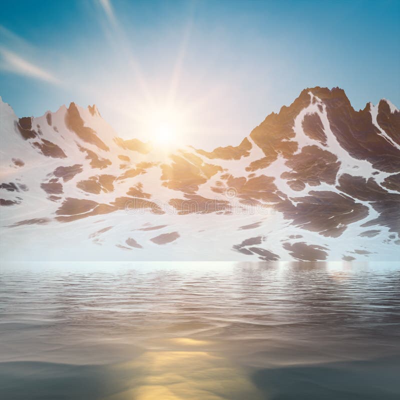 Winter Mountain Lake Sunset Scenery Stock Illustration - Illustration ...