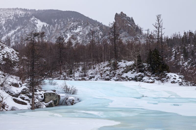 Winter Mountain Landscape with River Covered with Blue Ice Stock Photo ...