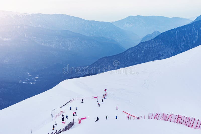 Winter Mountain Ski Resort at Sunset Stock Photo - Image of activity ...