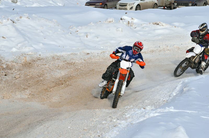 Winter MX Racer on a Motorcycle Rides in Turn of Stock Photo - Image of ...