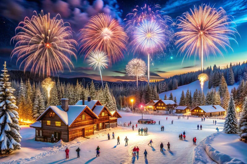 Winter New Years Ski Resort a Lively Scene Stock Illustration ...