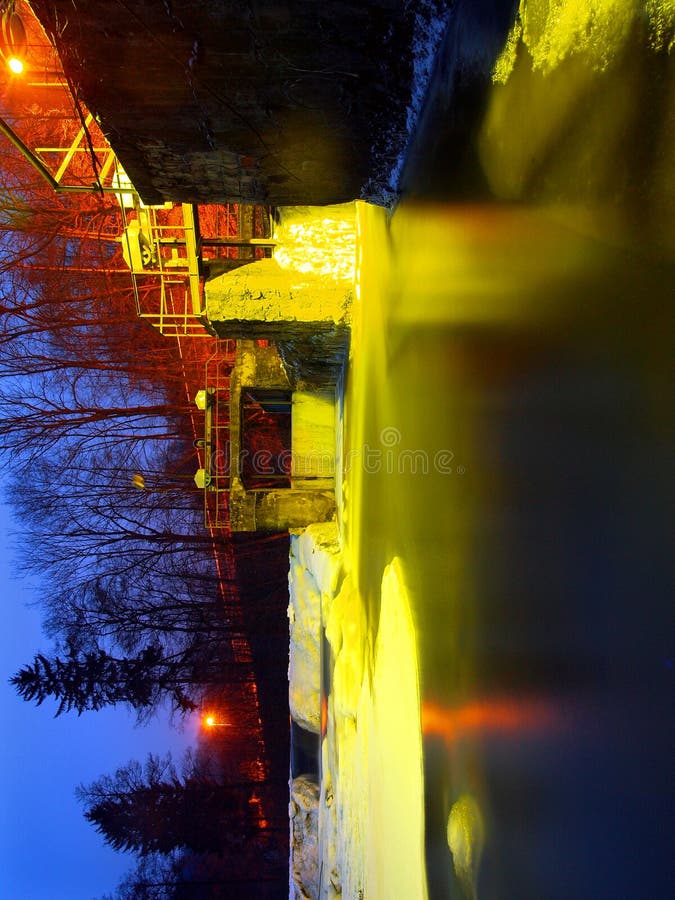 Winter Night at Frozen Lake. Reflection of Fullmoon in Icicle, Ice and ...