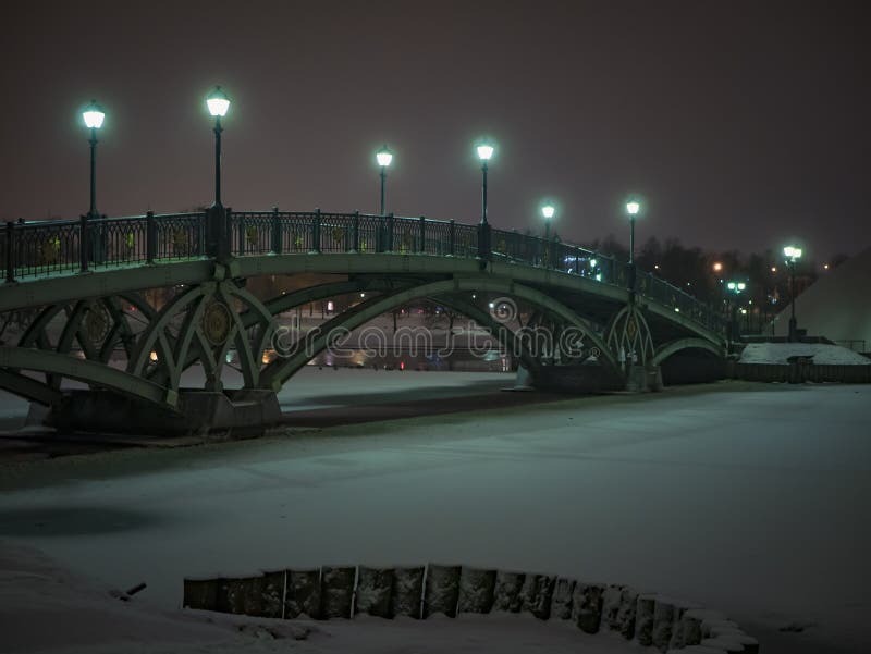 Winter Night Bridge Over the River in the Forest, Winter Snow Stock ...