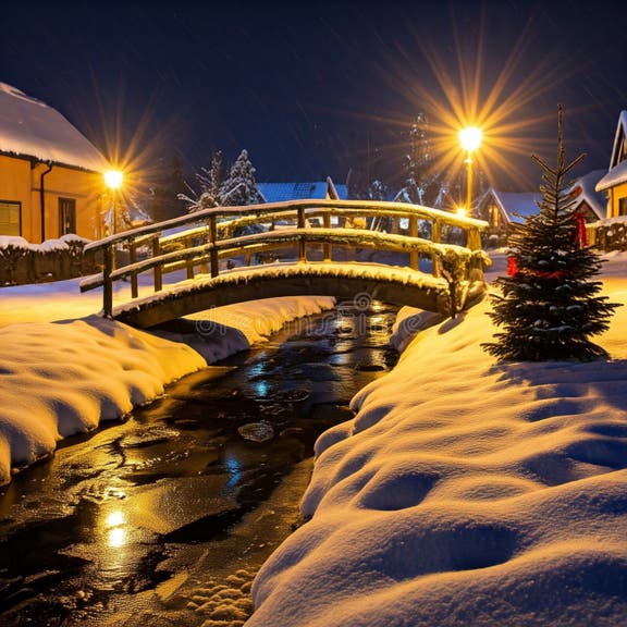 Winter Night Bridge and River Stock Illustration - Illustration of ...