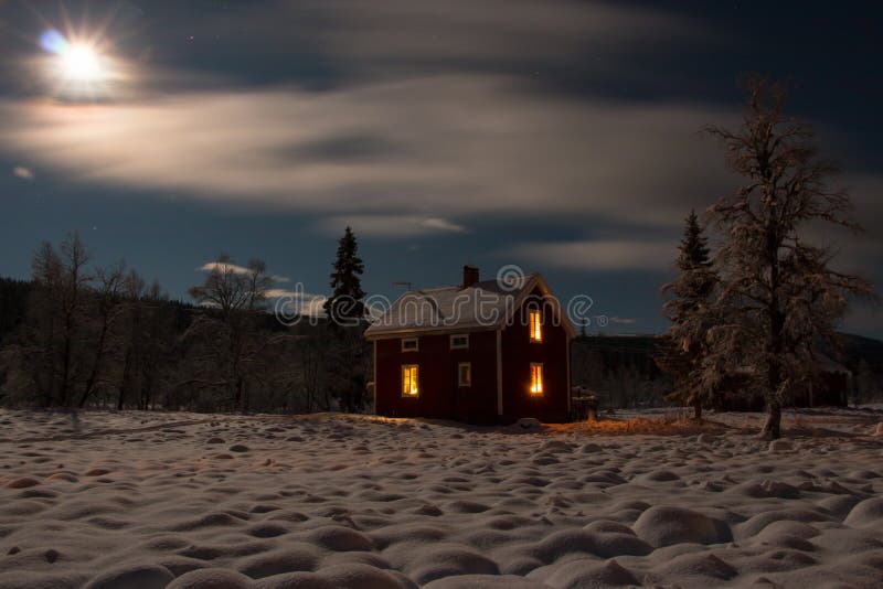 Cozy Log Cabin at Moon-lit Winter Night Stock Photo - Image of calm ...