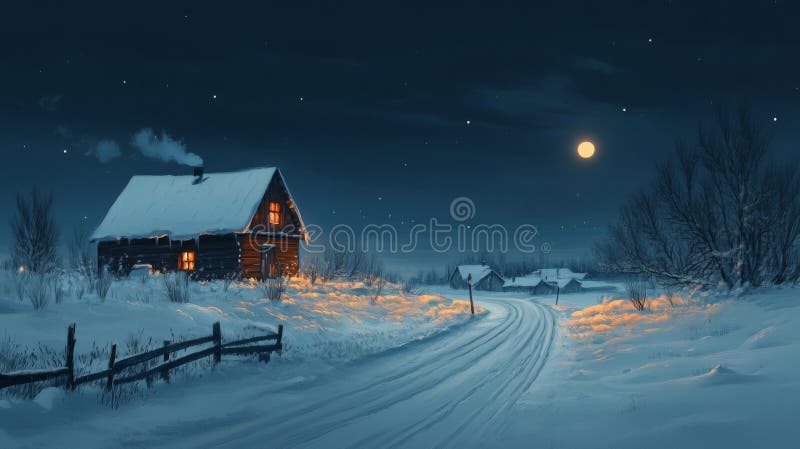 Winter Night Cabin Snow Road Moonlit Scene Stock Illustration ...