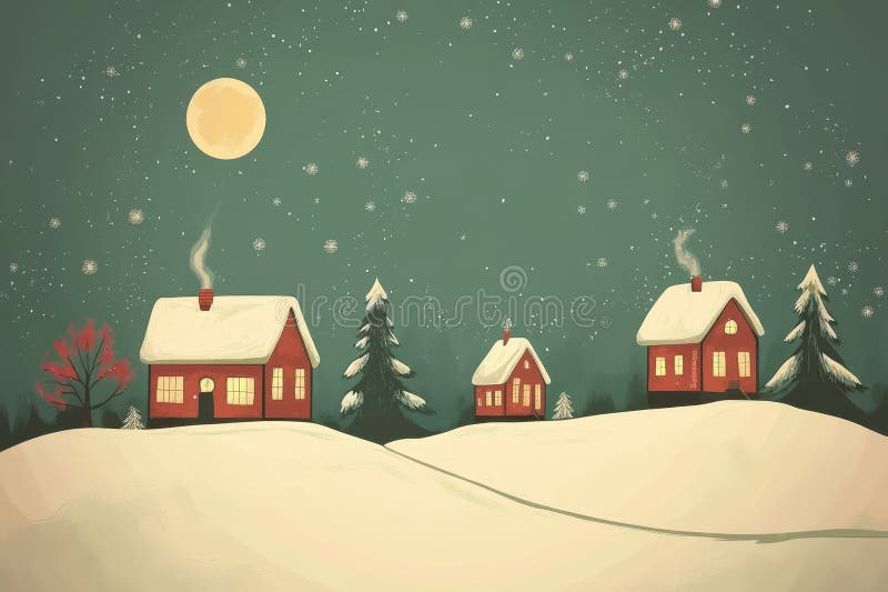 Winter Night in a Christmas Village Under a Full Moon Stock Image ...