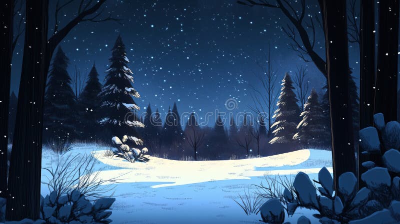 Winter Night Forest Scene with Snow, Stars, and Pine Trees Stock Photo ...