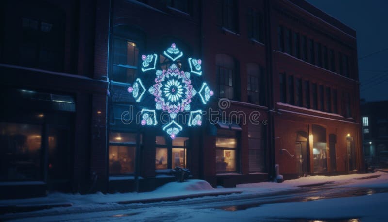 Winter Night Illuminated by Snowflake Decorated Windows, Architecture ...