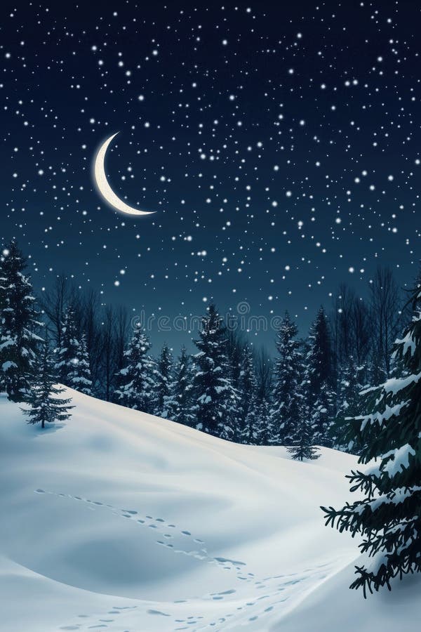 Winter Night Landscape with Crescent Moon, Snow-covered Ground, and ...