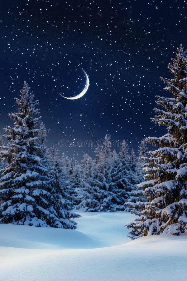 Winter Night Landscape with Crescent Moon and Snow-covered Pine Trees ...