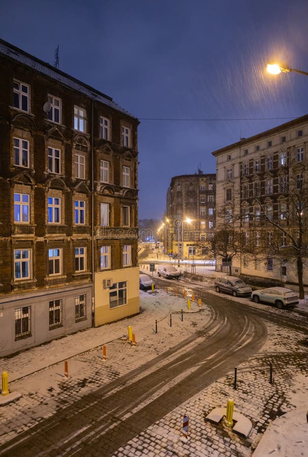 Winter Night in Old Town with Snow Editorial Stock Image - Image of ...