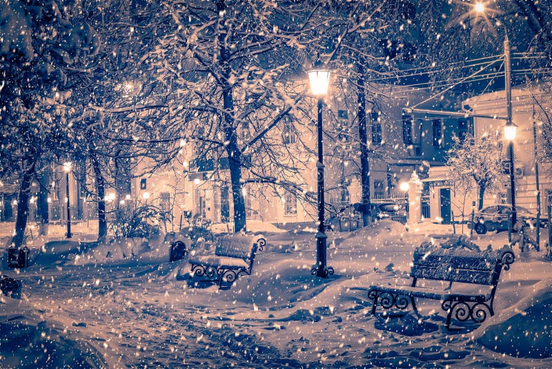 Winter Night Park with Lanterns, Benches, Pavement and Trees Covered ...
