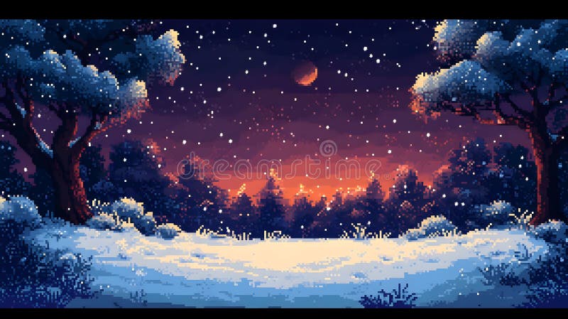 Winter Night Pixel Art Landscape with Snow Covered Trees and a Moonlit ...