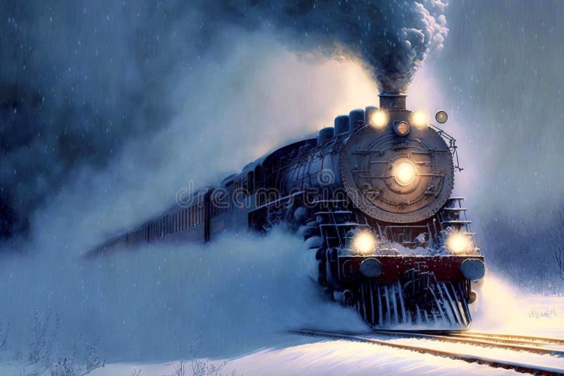 Winter Night and Polar Express Train Riding on Rails Stock Illustration ...