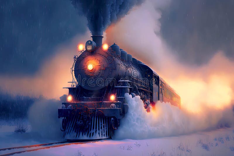 Winter Night and Polar Express Train Riding on Rails Stock Illustration ...