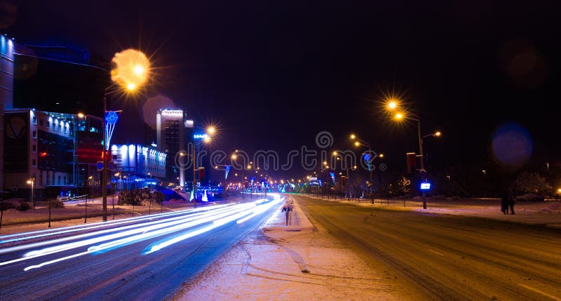 Winter Night Road in City, Snow Background Stock Image - Image of ...