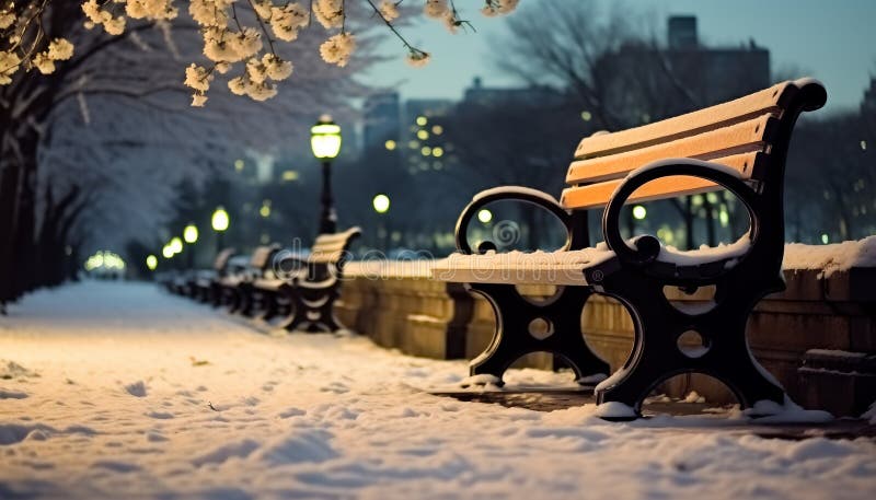 Winter Night, Snow Covered Bench Under Lantern Lit Tree Generated by AI ...