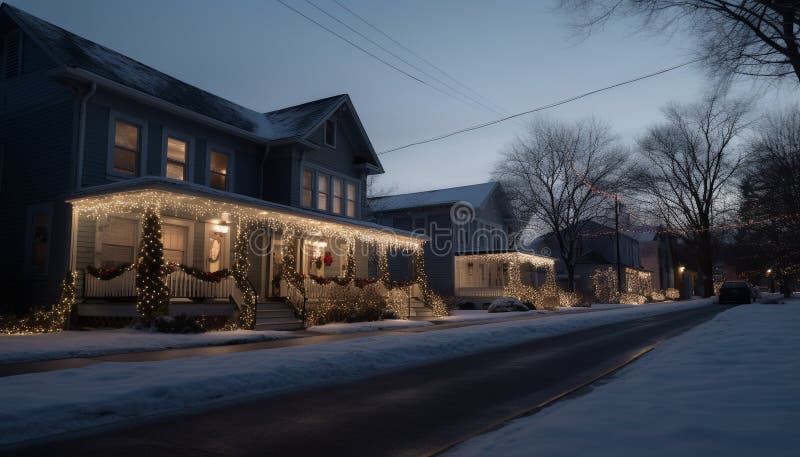 Winter Night, Snow Covered Tree, Illuminated Building Exterior ...