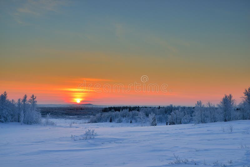 Winter North Landscape at Sunset Stock Photo - Image of winter, clounds ...